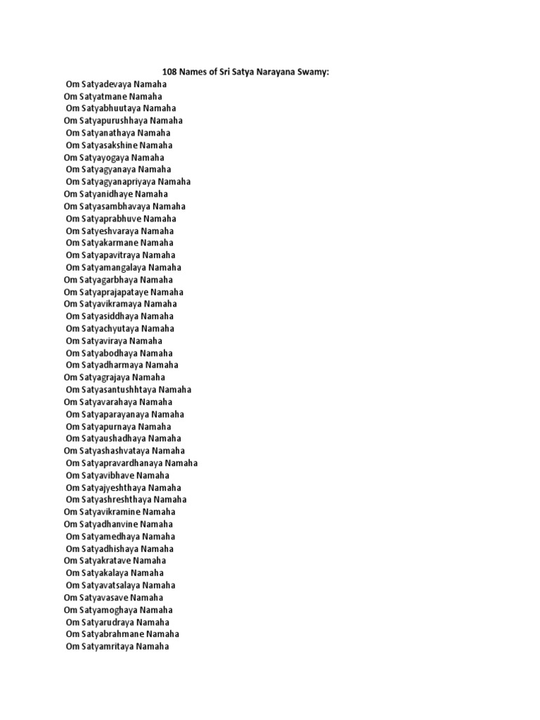 Sri Sathyanarayana Swami Asthotram 108 Names | PDF