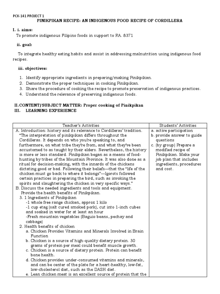 Pinikpikan Recipe: An Indigenous Food Recipe of Cordillera I. I. Aims ...