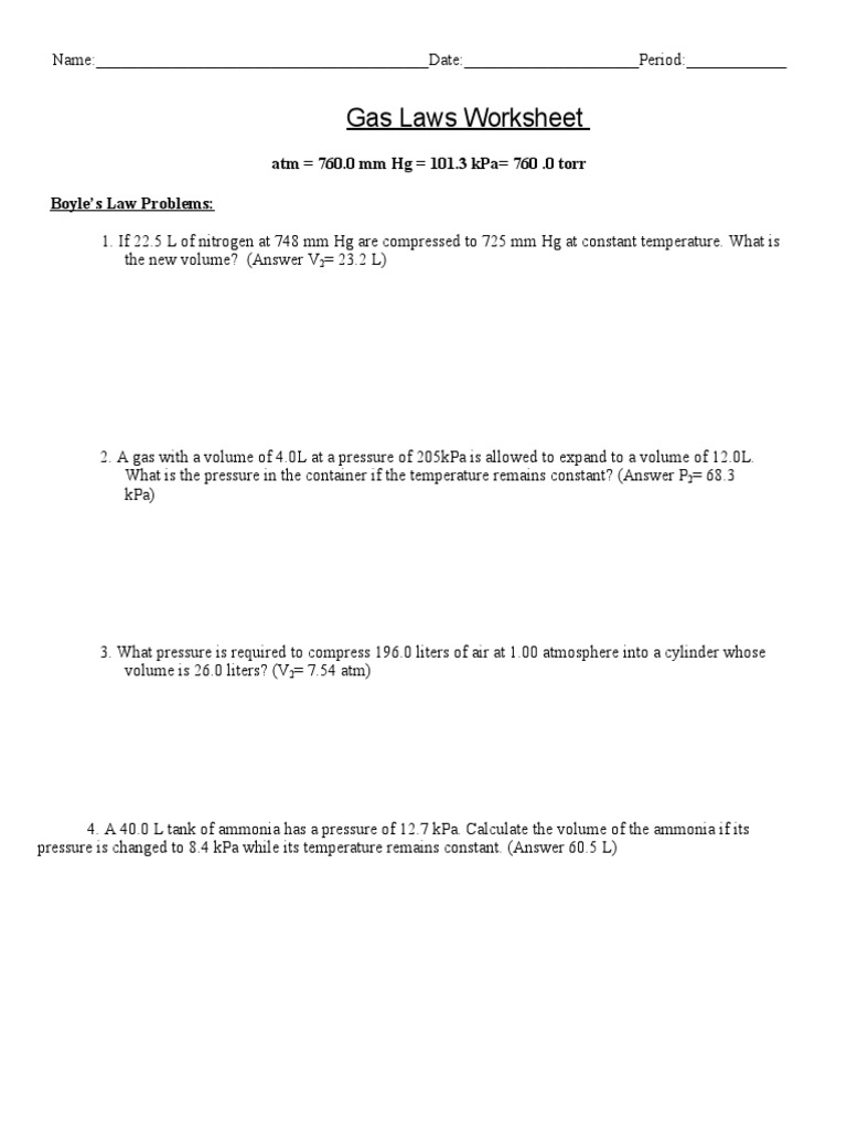 Gas Laws Worksheet | PDF | Gases | Pressure