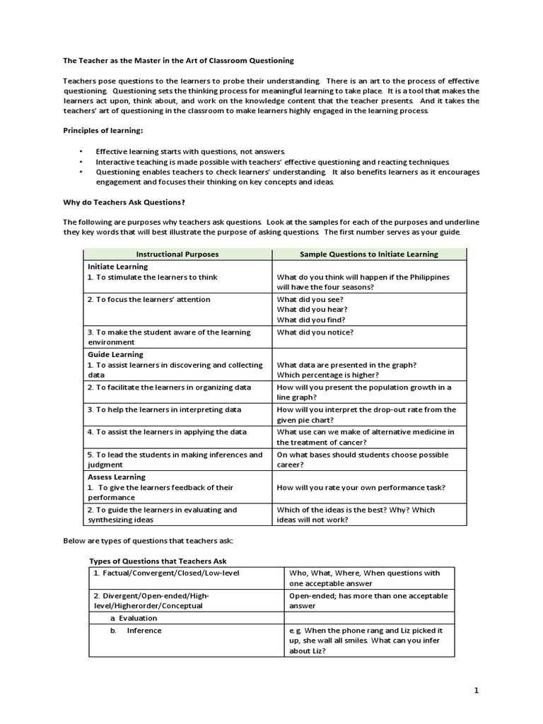Cena Ed 35 The Teacher As The Master in The Art of Classroom Questioning | PDF | Question | Learning