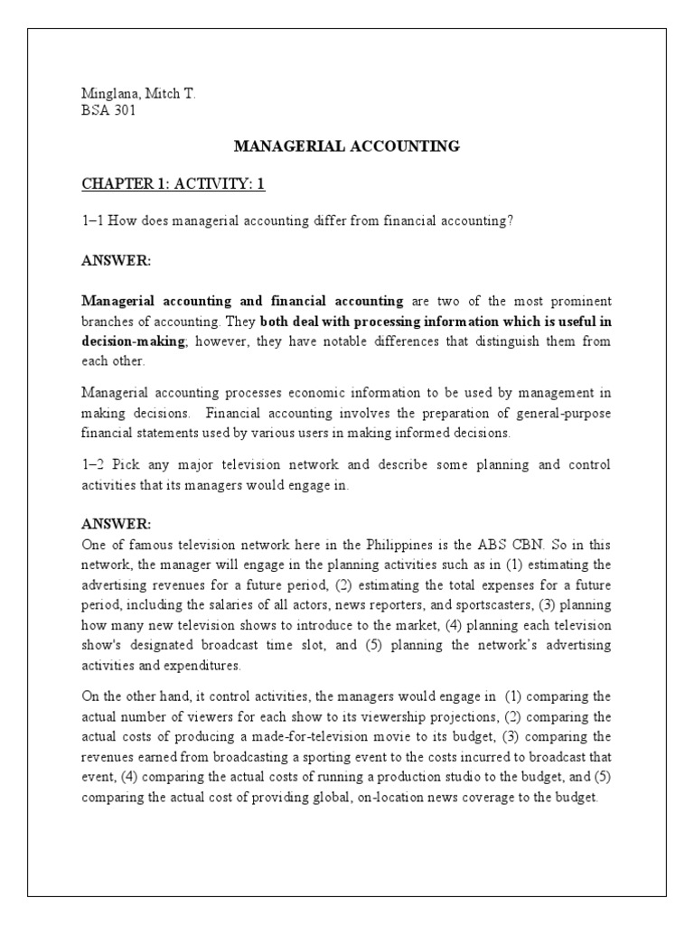 Chapter 1-Activity 1 (Minglana, Mitch T.) | PDF | Management Accounting | Risk