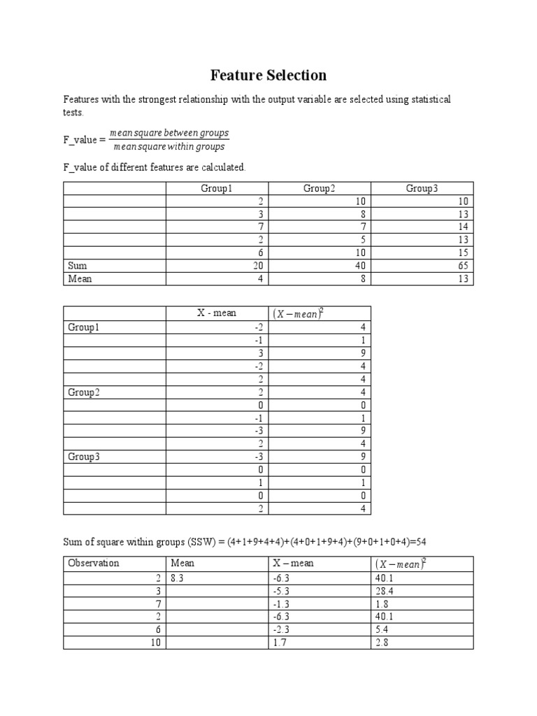 Feature Selection: Mean Square Between Groups Mean Square Within Groups ...