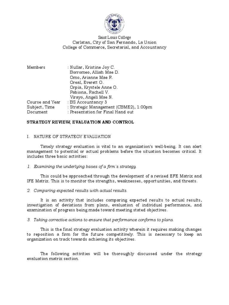 Strategy Review, Evaluation and Control: 1. Examining The Underlying ...