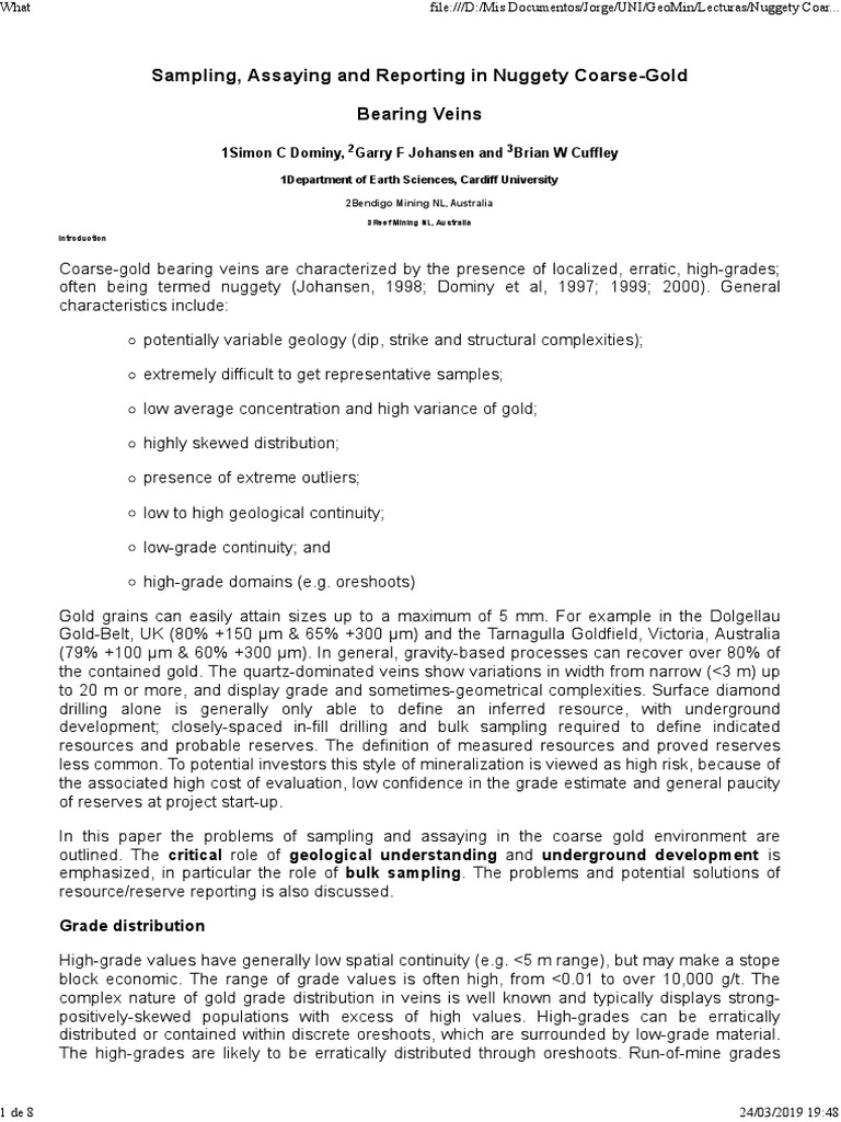 Coarse Gold Vein Sampling Guide | PDF | Sampling (Statistics) | Mining