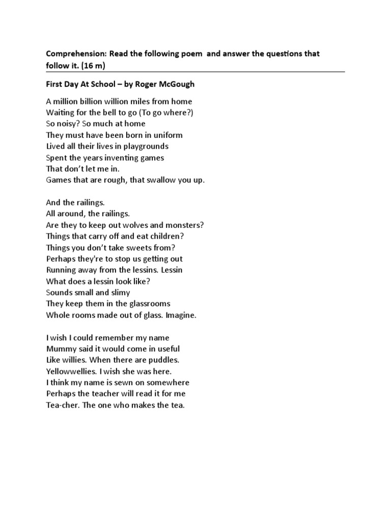 First Day At School Poem