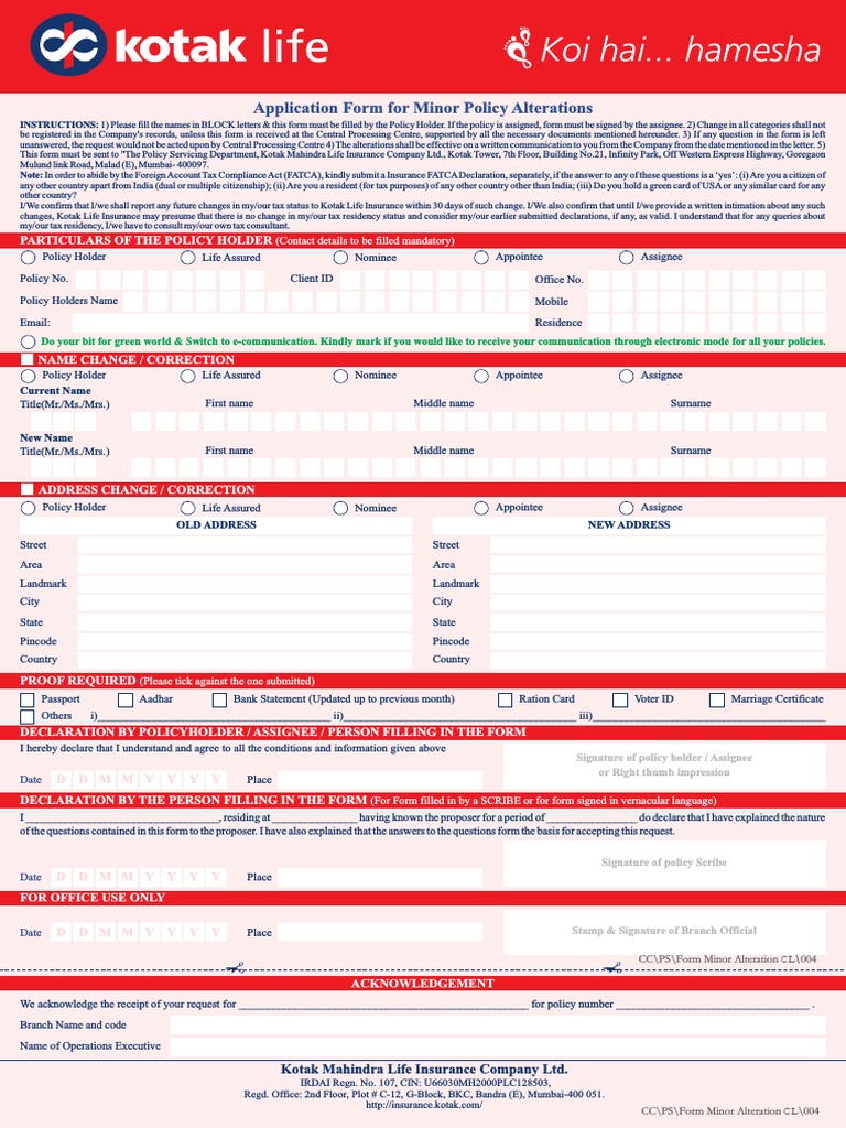 Minor Policy Alteration Application Form | PDF | Insurance | Life Insurance