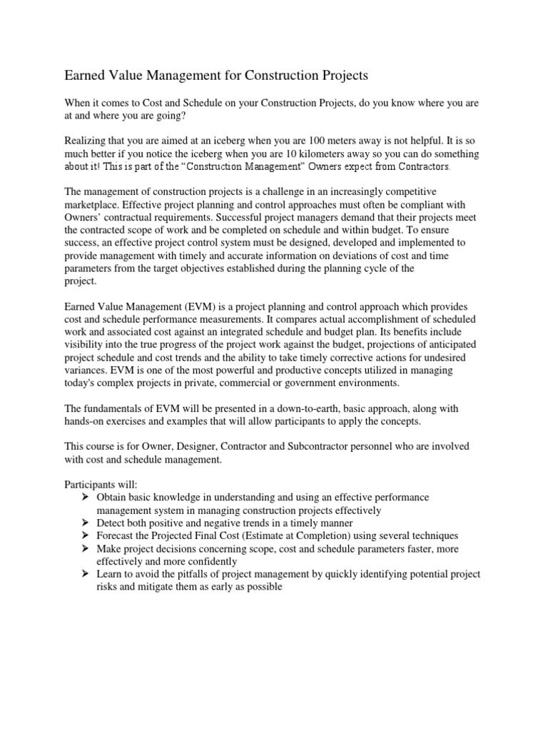 Earned Value Management For Construction Projects Pdf Business
