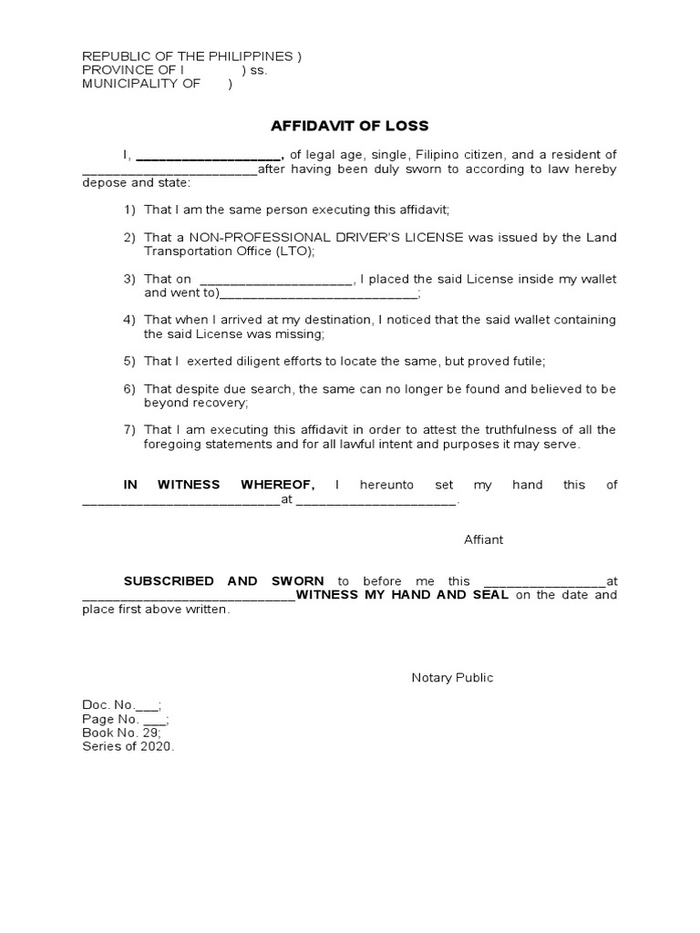 Affidavit of Loss Format | PDF