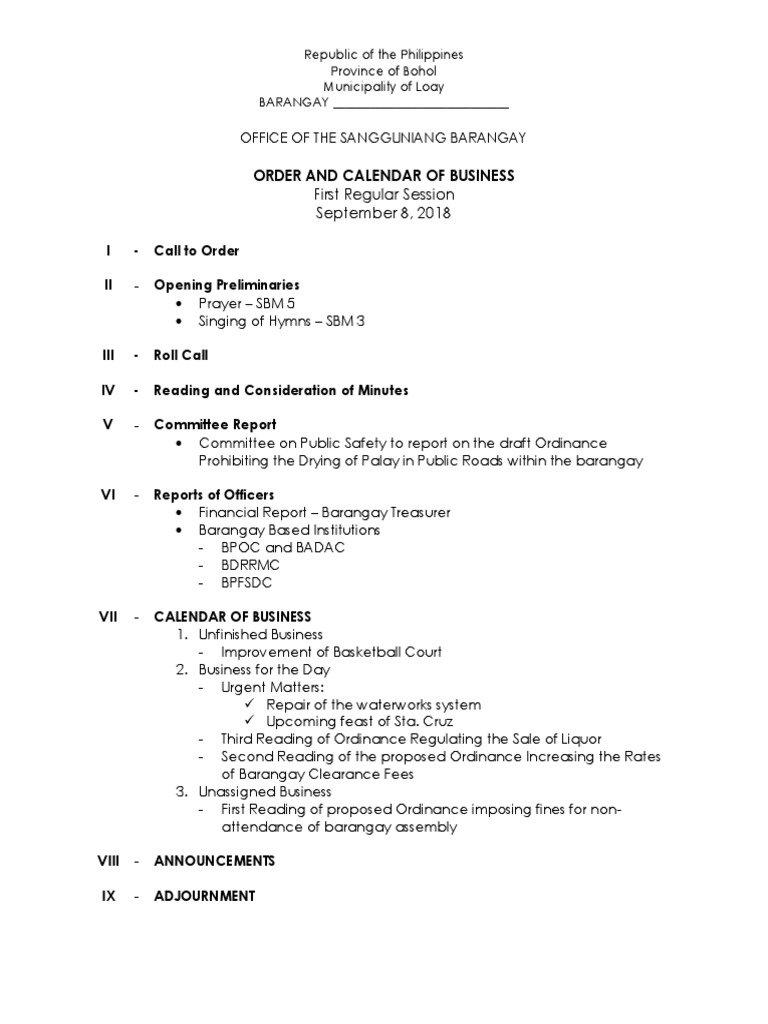 Barangay ORDER AND CALENDAR OF BUSINESS Sample | PDF