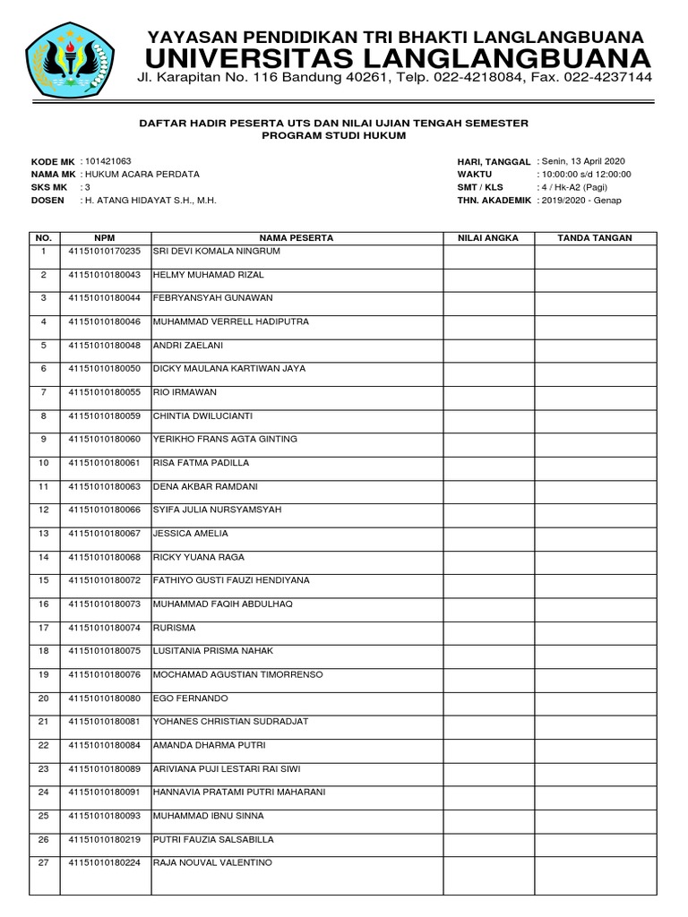Daftar Hadir dan Nilai UTS Hk-A2 | PDF