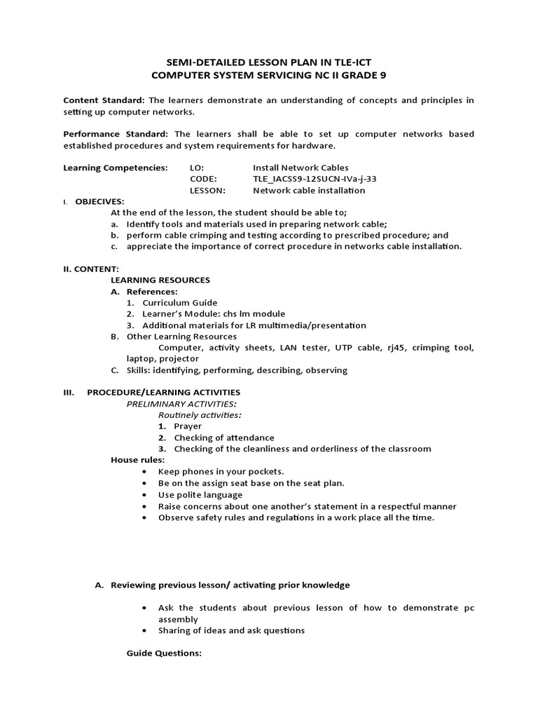 Semi Detailed Lesson Plan Utp Cable 4th Grad | PDF | Electrical ...