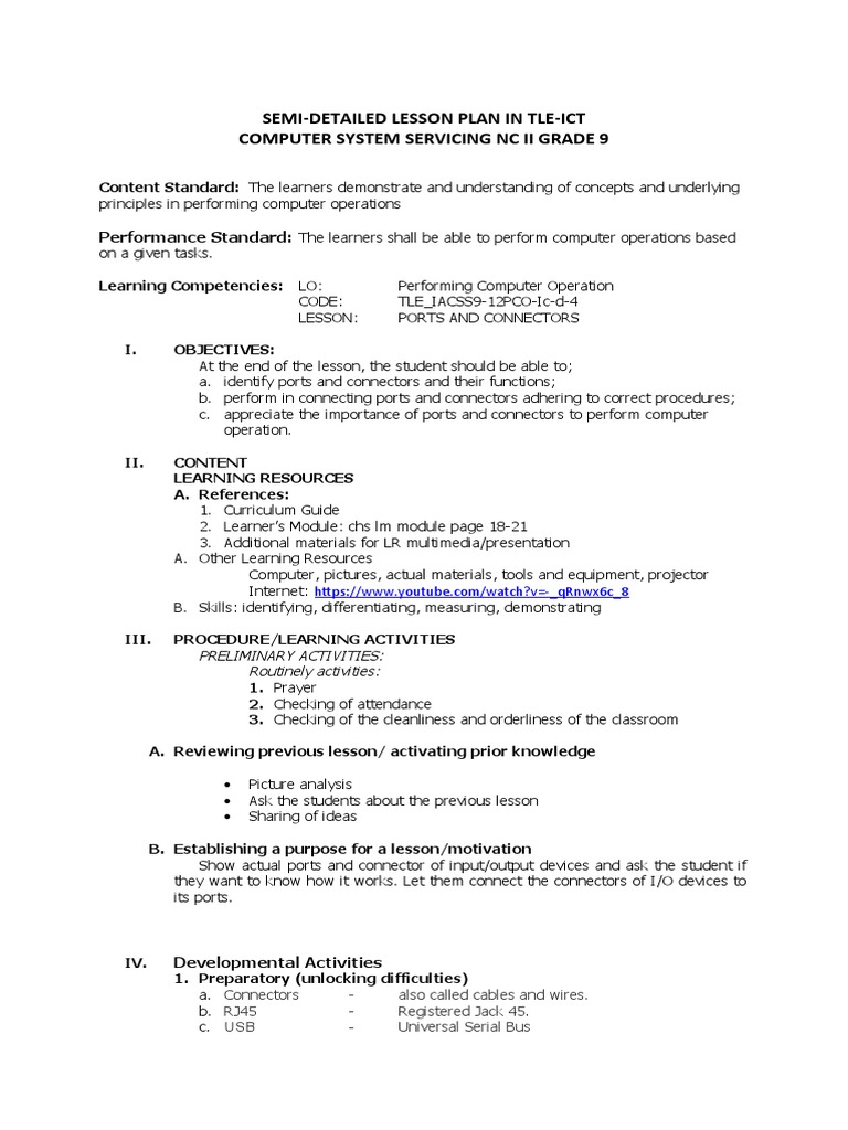 Semi-Detailed Lesson Plan in Tle-Ict Computer System Servicing NC Ii ...
