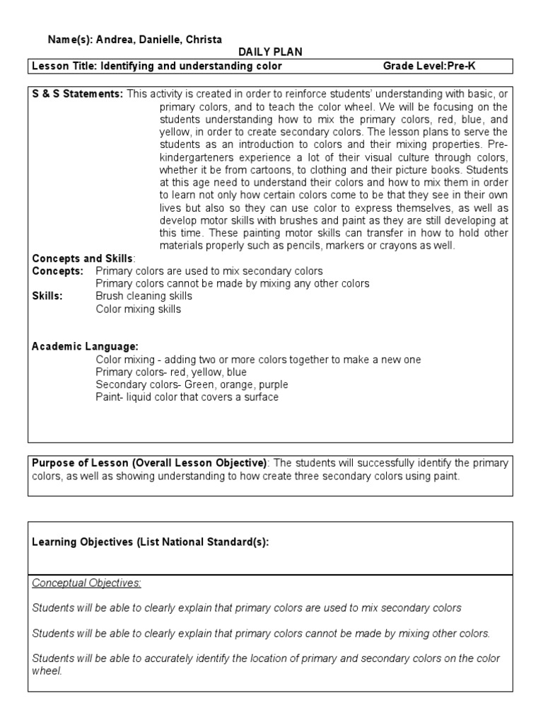 Lesson Plan One | Download Free PDF | Color | Lesson Plan