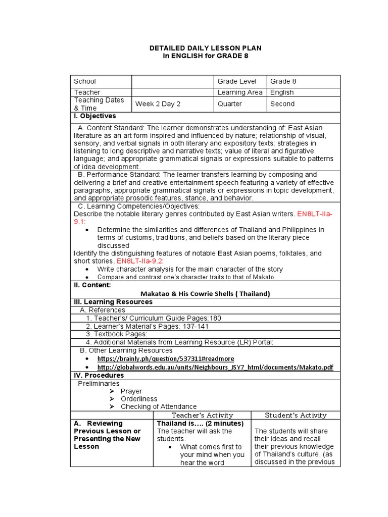 Grade 8 English Lesson Plan: East Asia | PDF | Teachers ...