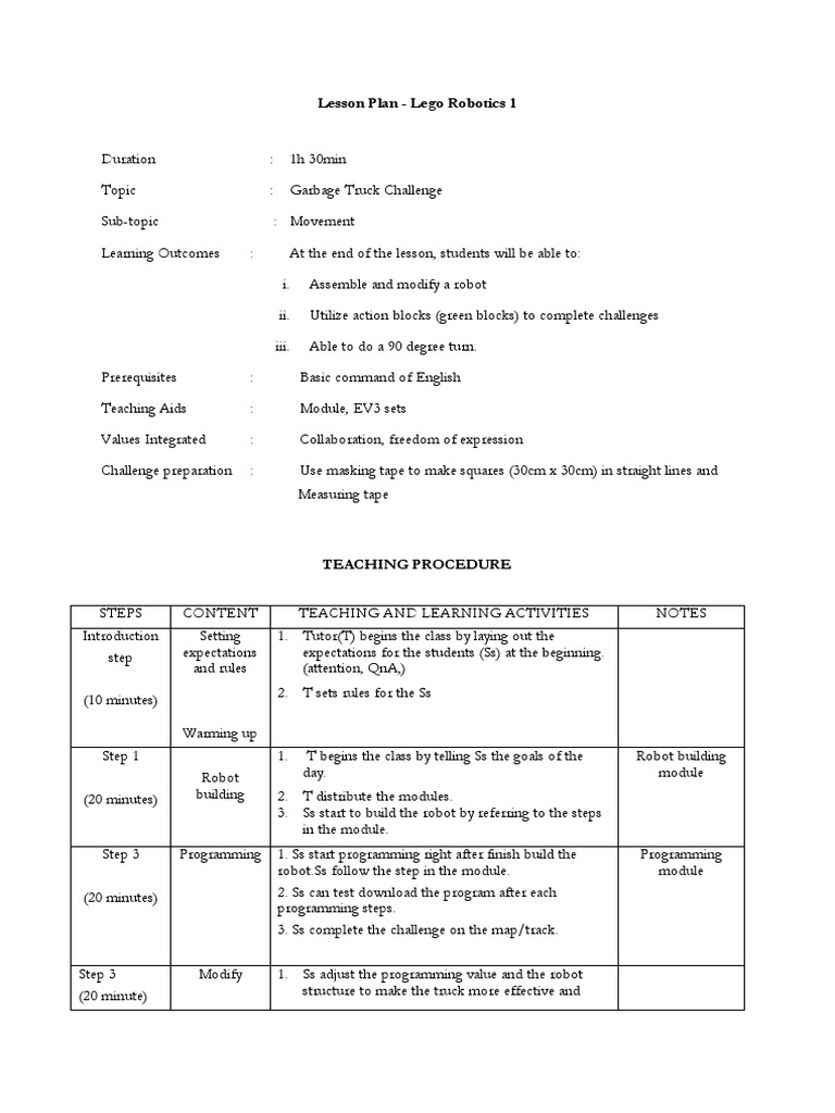 Lesson Plan - Lego Robotics 1 | PDF | Lesson Plan | Robot