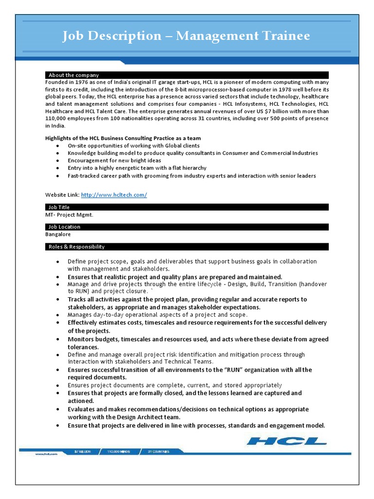 Job Description - Management Trainee: About The Company | PDF | Health ...