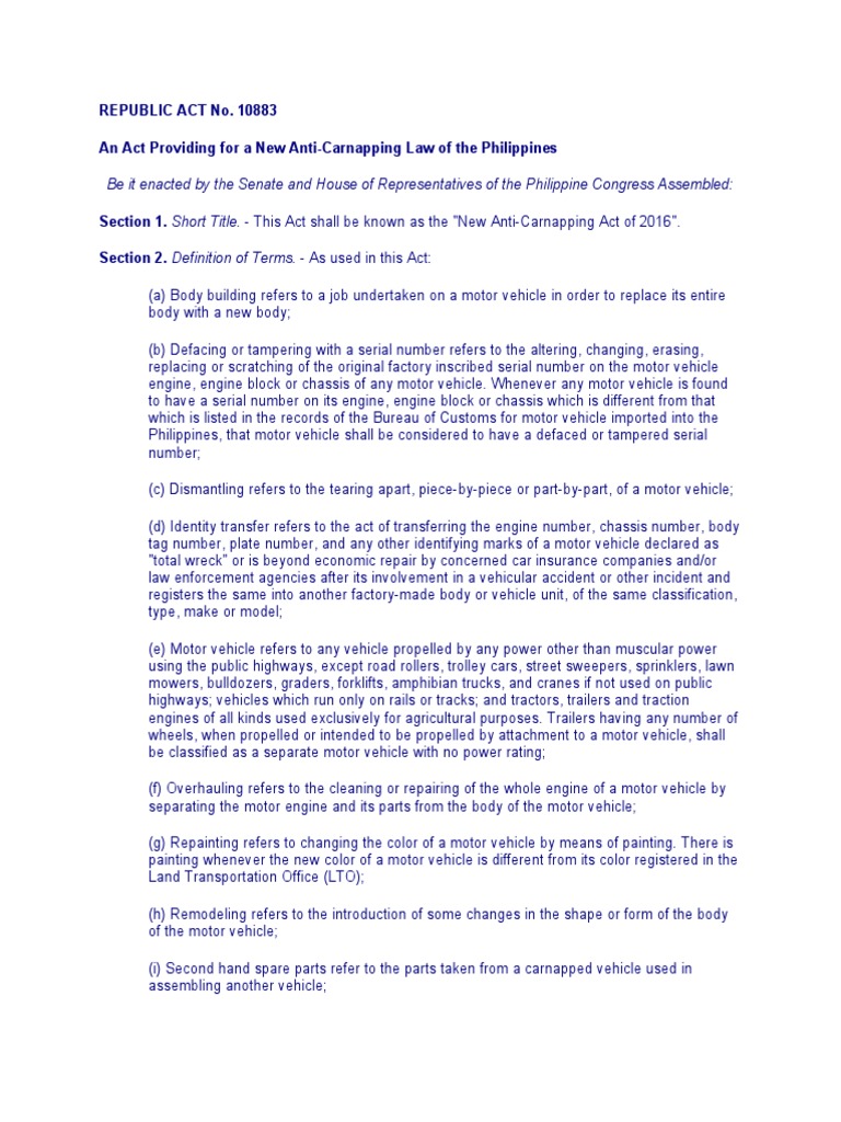 REPUBLIC ACT No 10883 - New Anti Carnapping | PDF | Carjacking | Vehicles