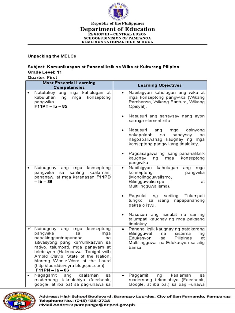 Output - 1 - Unpacking and Combining MELCs Into Learning Objectives | PDF