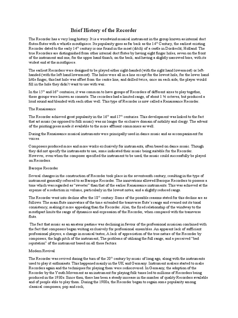 Brief History of The Recorder - Docx Music 2 | PDF | Recorder (Musical ...
