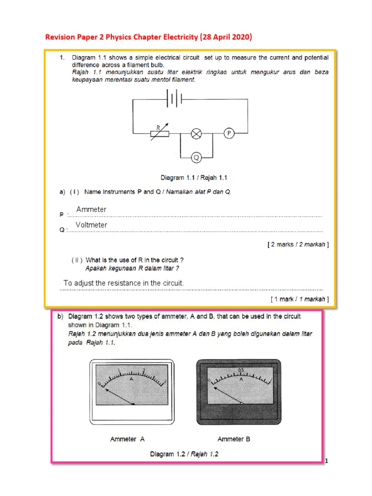 Revision Paper 2 Physics Chapter Electricity (28 April 2020) | PDF ...