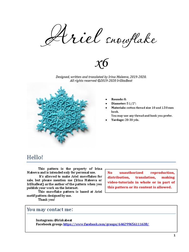 Irina Maleeva - Ariel Snowflake x6 - ENG - Free | PDF | Crochet | Textiles