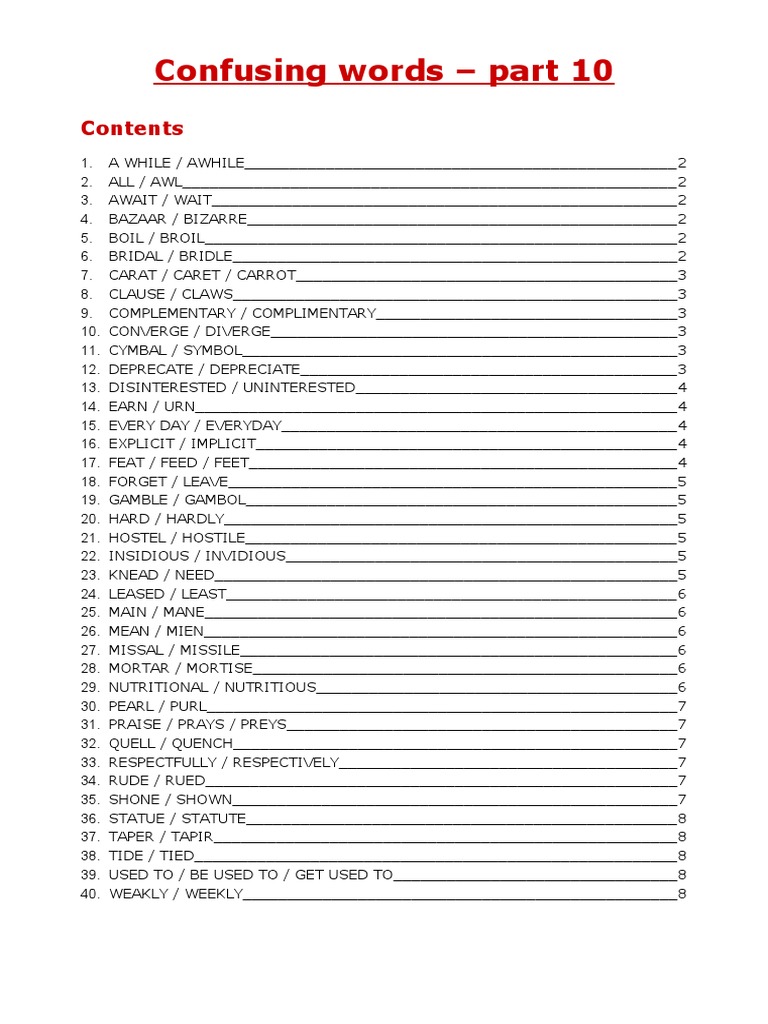 Confusing Words Part 10 Reading Comprehension Exercises Tests Writing ...