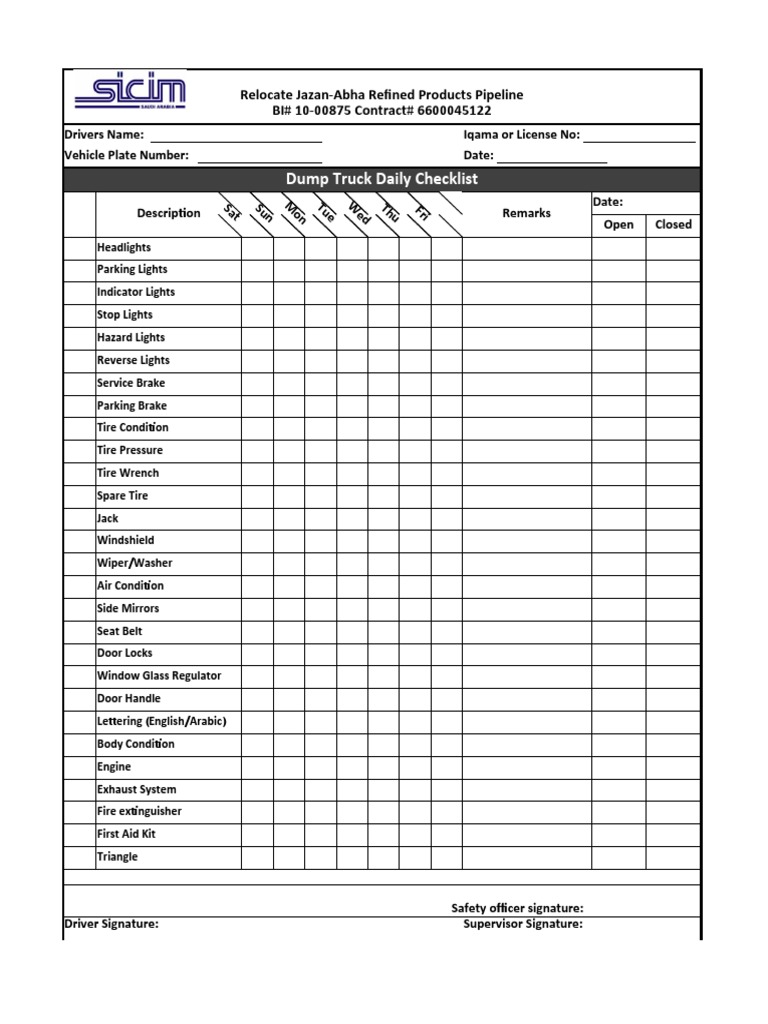 Dumptruck Checklist | PDF