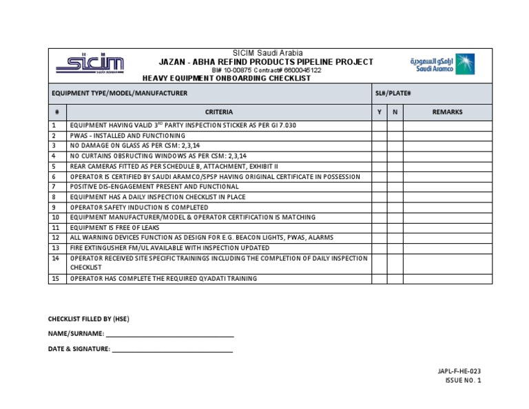 JAPL-F-HE-023-Heavy Equipment Onboarding Checklist | PDF