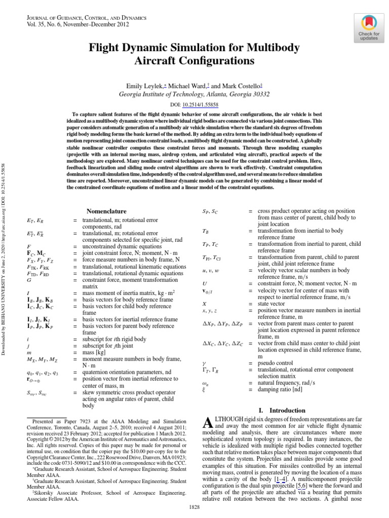 Flight Dynamic Simulation For Multibody Aircraft Con Figurations | PDF ...