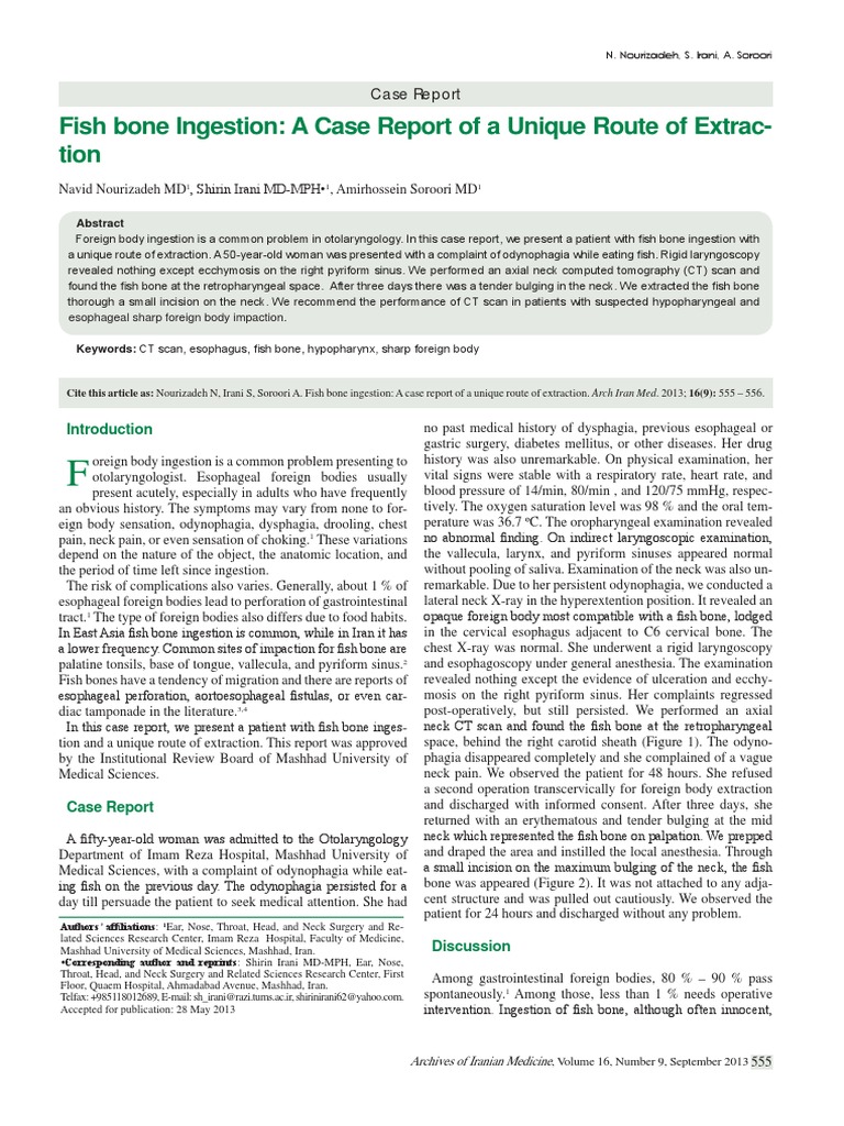 Fish Bone Ingestion: A Case Report of A Unique Route of Extrac-Tion ...