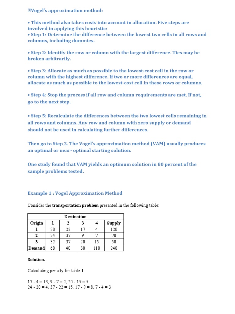 Vogel's Approximation Method Explained | PDF | Mathematical ...