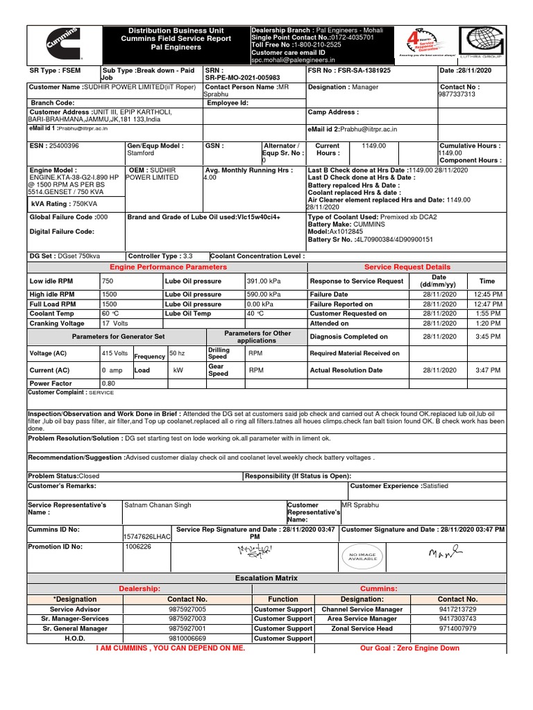 Distribution Business Unit Cummins Field Service Report Pal Engineers ...