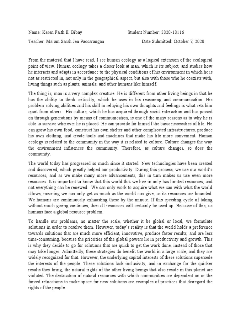 Reflection Paper On Human Ecology | PDF | Resource | Ecology