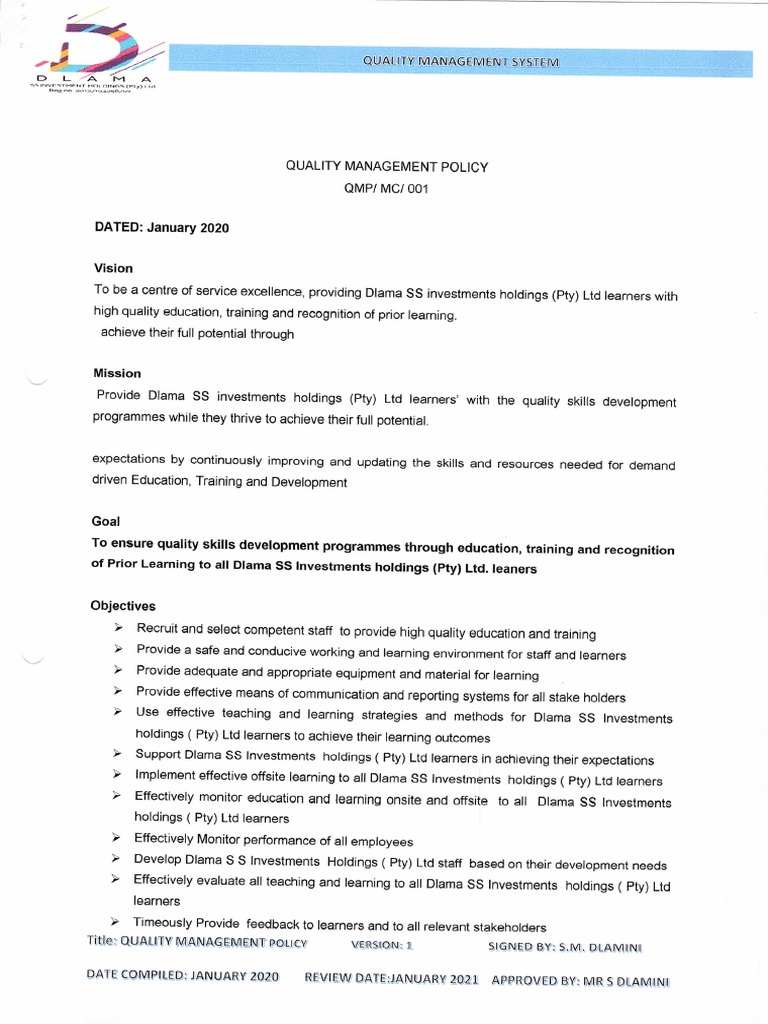 Quality Management Policy | PDF | Quality Management System | Quality ...