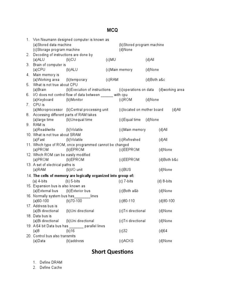 Short Questions | PDF | Random Access Memory | Central Processing Unit