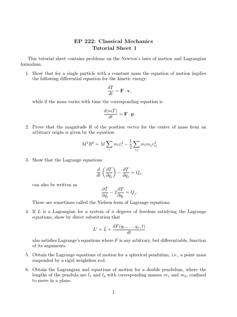 EP 222: Classical Mechanics Tutorial Sheet 1: 2 2 I I 2 I I, J I J 2 Ij ...