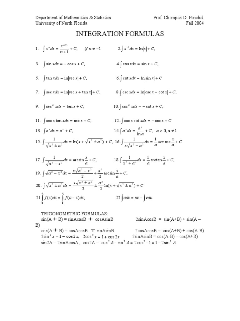 Integration and Trigonometric Formulas | PDF | Trigonometric Functions ...