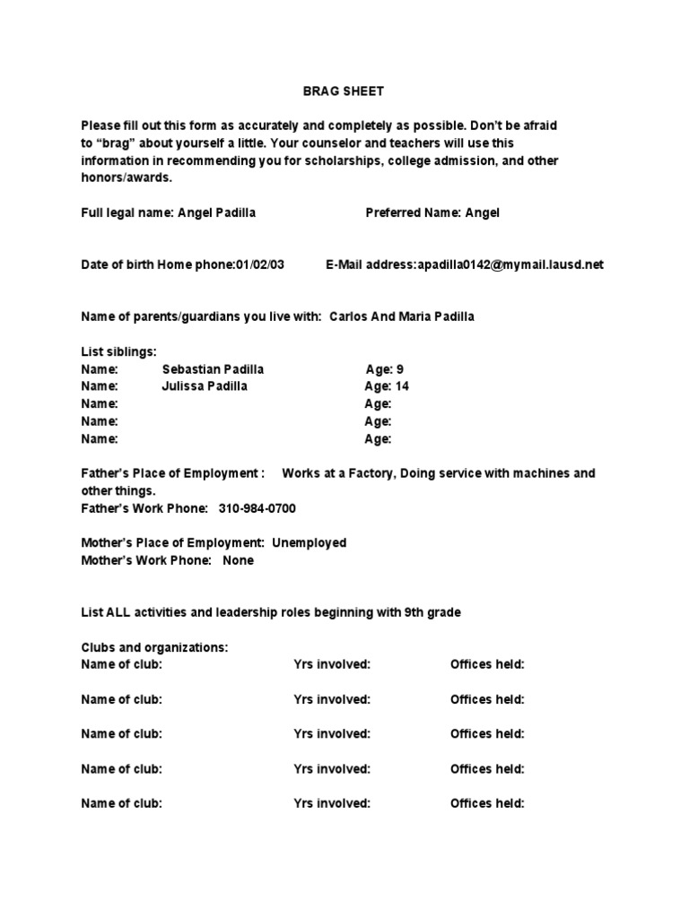 Senior Brag Sheet | PDF | Labour