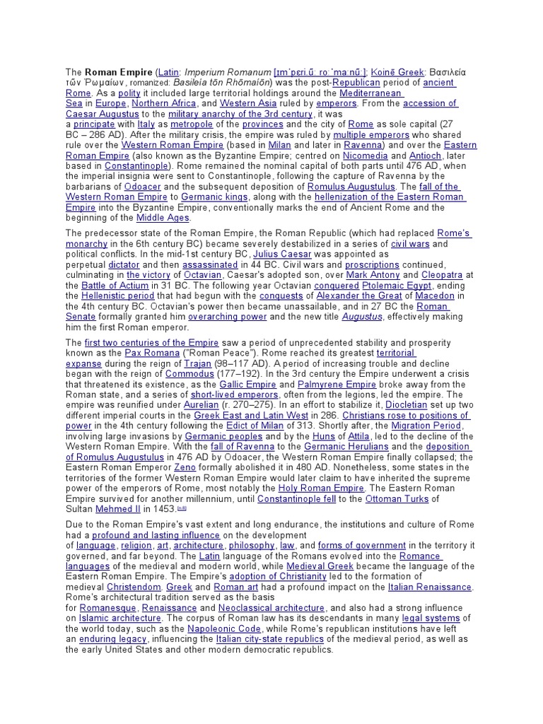 Basileía Tōn Rhōmaíōn) Was The Post-: Romanized | PDF | Roman Empire ...