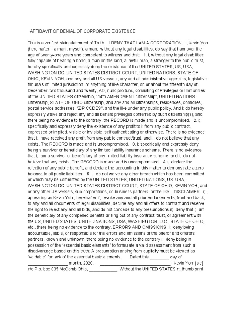AFFIDAVIT of Denial of Corporate Existence | PDF | Offer And Acceptance ...