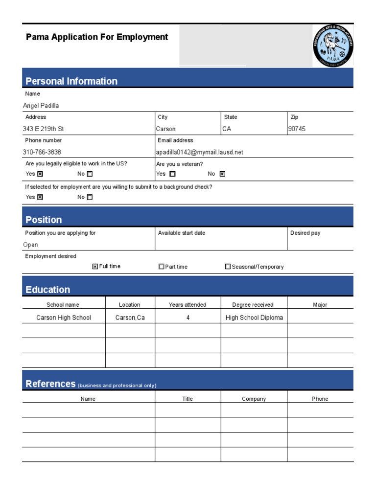 Pama Employment Application Form | PDF | Business | Labour