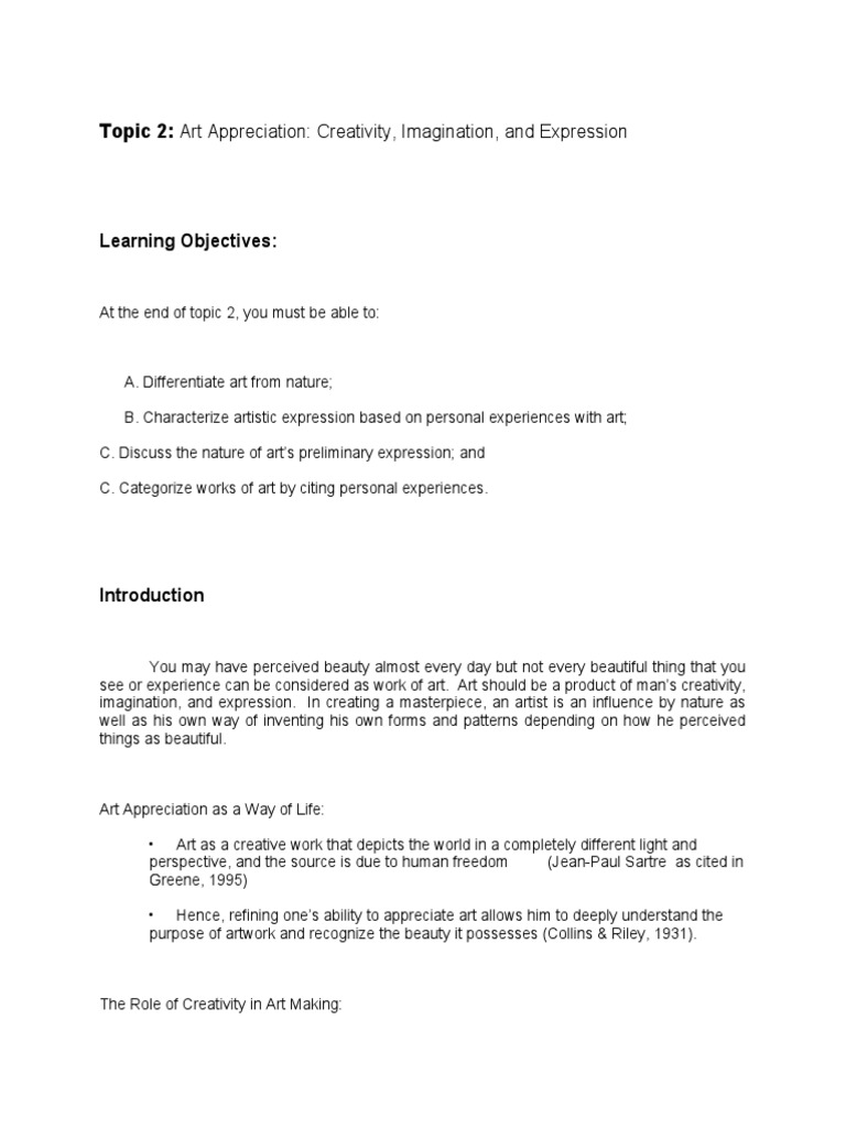 Topic 2 - Art Appreciation - Creativity, Imagination, and Expression | PDF | Imagination | Cognition