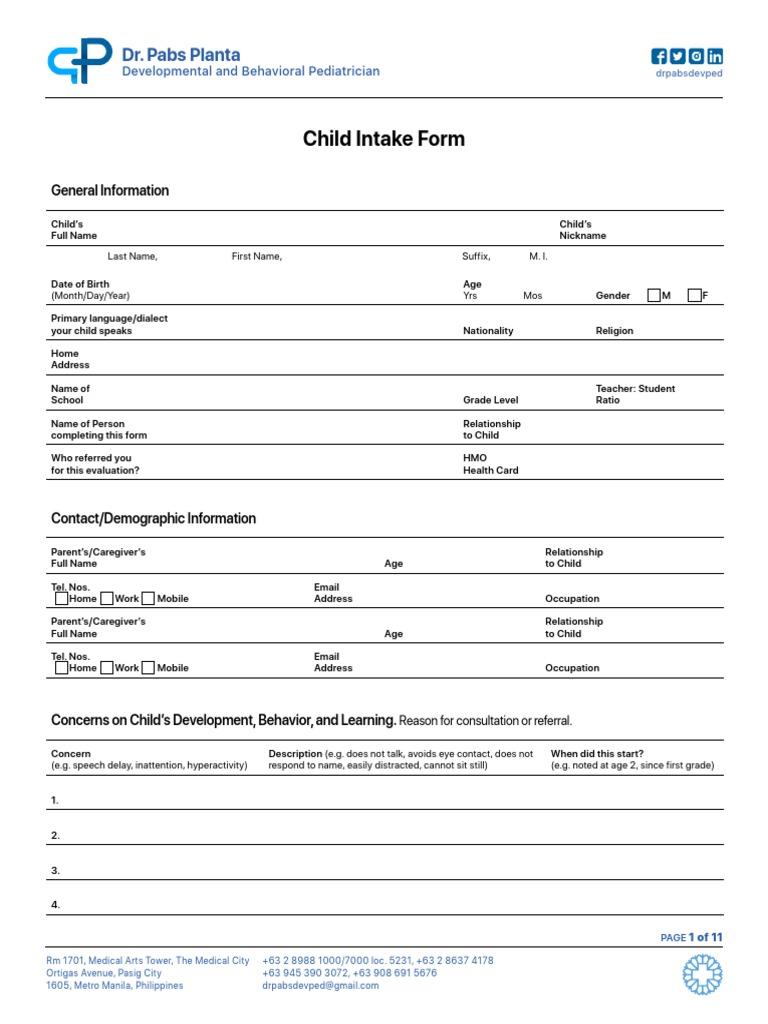 Child Intake Form (Letter) | PDF | Mental Disorder | Pregnancy
