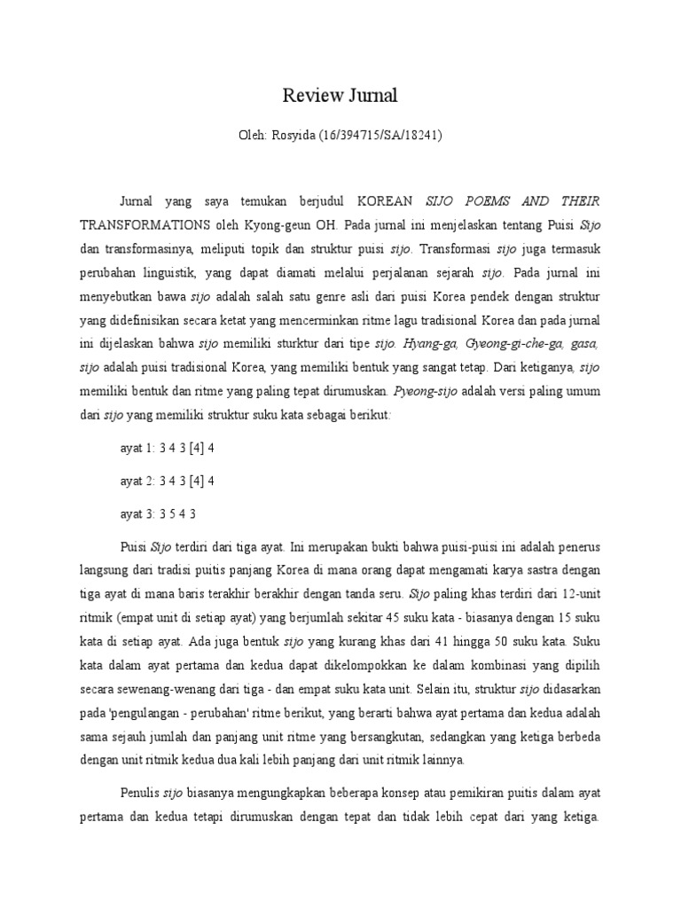 Review Jurnal Korean Sijo Poems and Their Transformation (Oh Kyong Geun ...