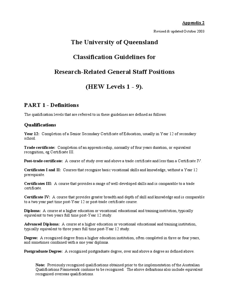 The University of Queensland Classification Guidelines For Research ...