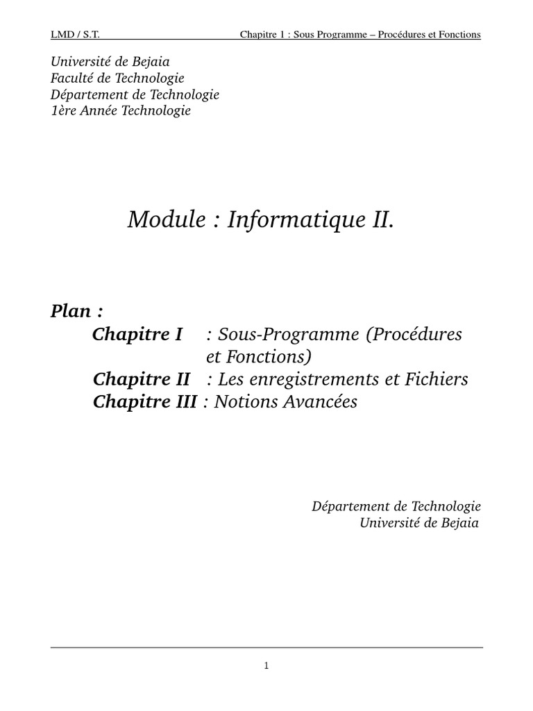 Chapitre I Sous-Programmes PDF | PDF | Paramètre (Programmation ...