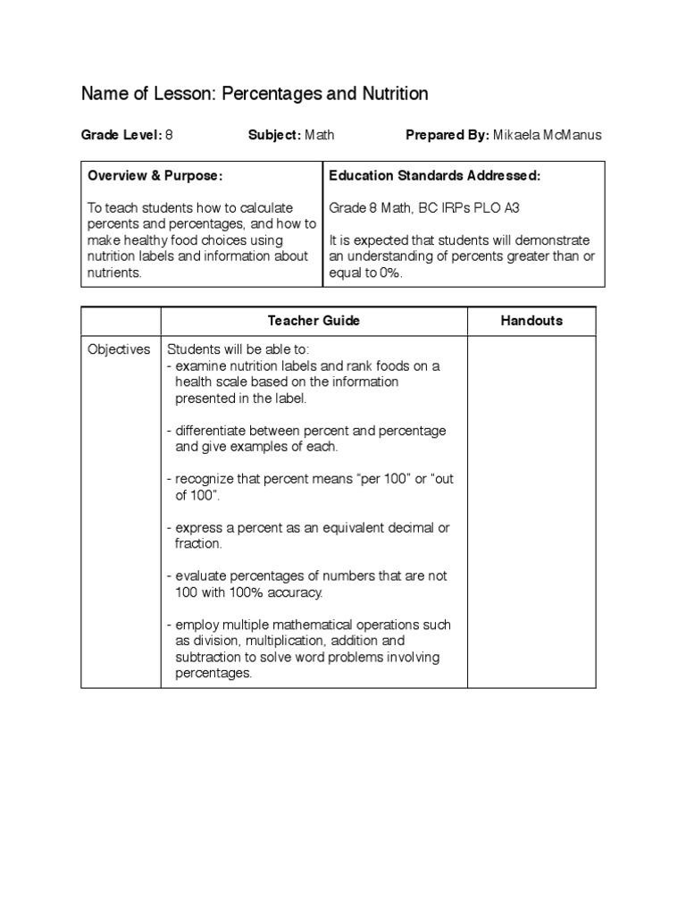 Lesson Plan - Percentages | PDF | Percentage | Nutrition Facts Label