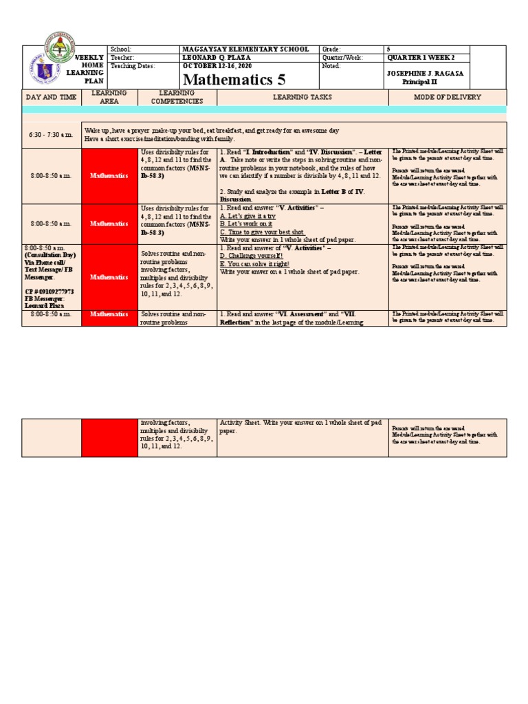 MATH 5 Q1 Week 2 (WHLP) October 12-16 | Download Free PDF | Pedagogy ...
