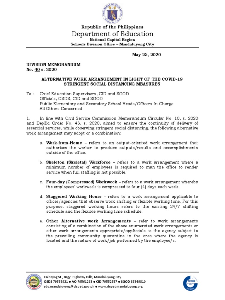 Do Memo No. 40, S. 2020 Alternative Work Arrangement in Light of The ...