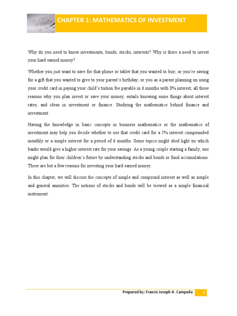 Chapter 1 Mathematics of Investment | PDF | Interest | Present Value